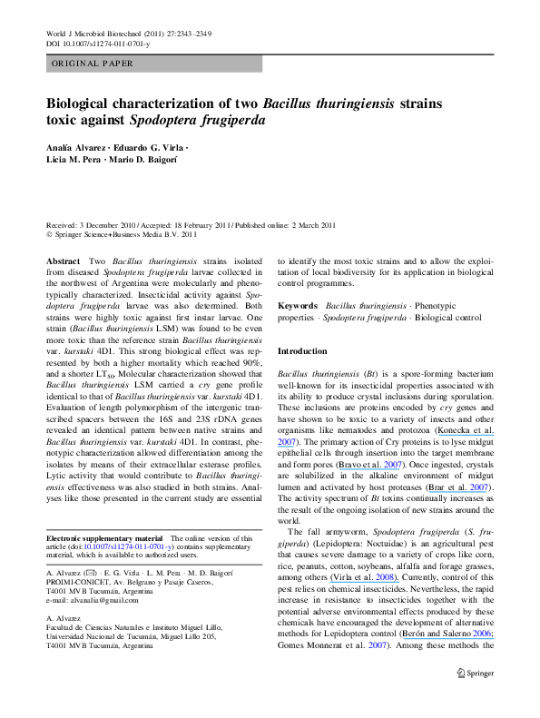 (PDF) Biological characterization of two Bacillus thuringiensis strains toxic against Spodoptera ...