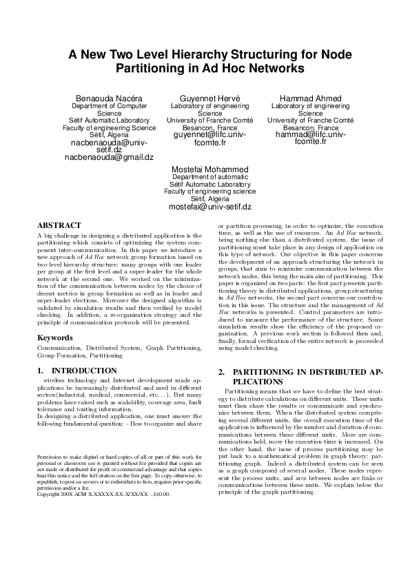 (PDF) A new two level hierarchy structuring for node partitioning in ad hoc networks