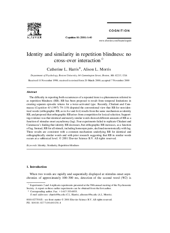 (PDF) Identity and similarity in repetition blindness: no cross-over ...