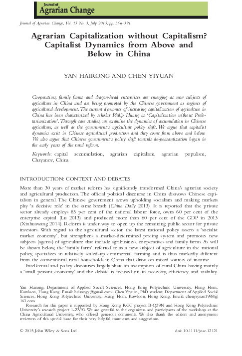 (PDF) Journal of Agrarian Change: Agrarian Capitalization without ...