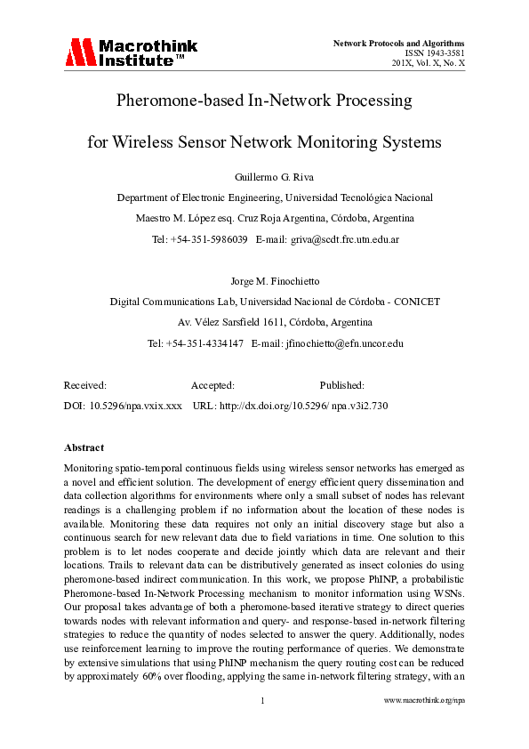 (PDF) Pheromone-based In-Network Processing for Wireless Sensor Network Monitoring Systems ...