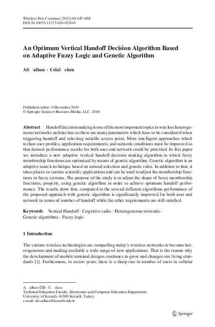 Pdf An Optimum Vertical Handoff Decision Algorithm Based On Adaptive Fuzzy Logic And Genetic