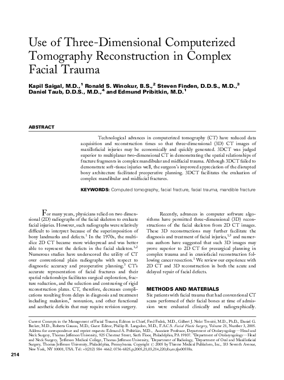 (PDF) Use of Three-Dimensional Computerized Tomography Reconstruction in Complex Facial Trauma