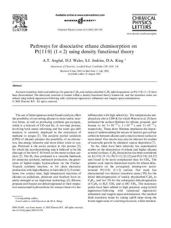 (PDF) Pathways for dissociative ethane chemisorption on Pt{1 1 0} (1 × ...