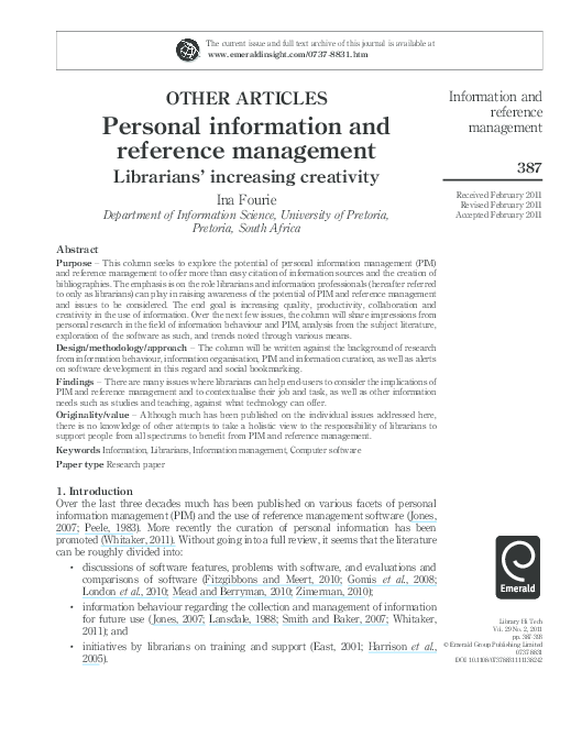 (PDF) Personal information and reference management: Librarians ...