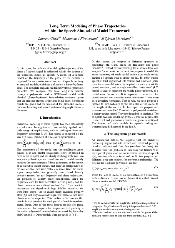 (PDF) Long term modeling of phase trajectories within the speech sinusoidal model framework