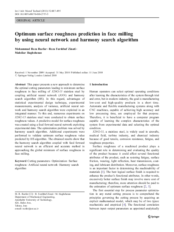 (PDF) Optimum surface roughness prediction in face milling X20Cr13 using particle swarm ...