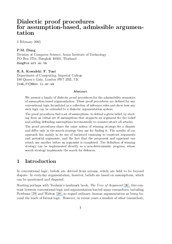 Pdf Dialectic Proof Procedures For Assumption Based Admissible