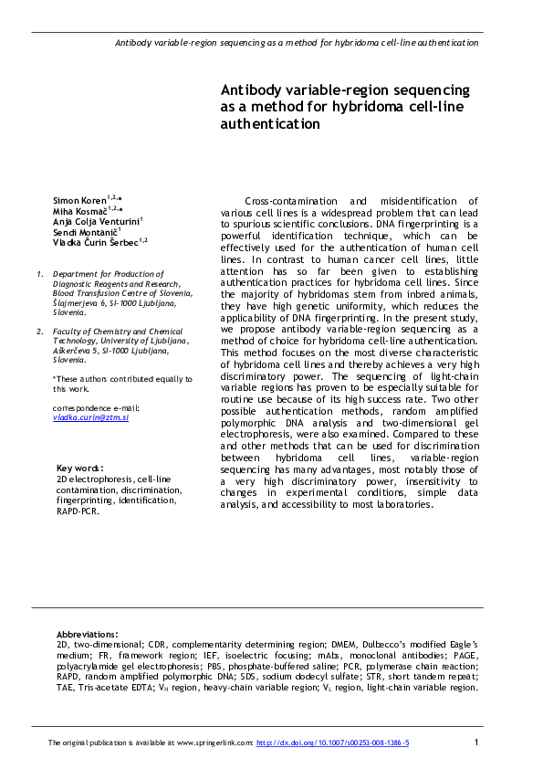 (PDF) Antibody variable-region sequencing as a method for hybridoma cell-line authentication