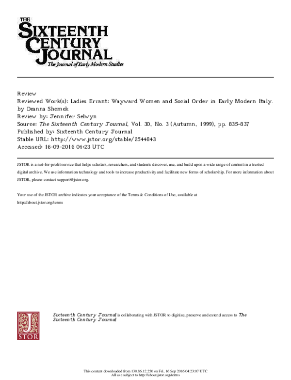 (PDF) Ladies Errant: Wayward Women and Social Order in Early Modern Italy