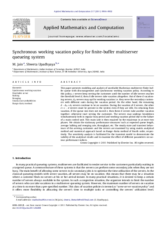 Pdf Synchronous Working Vacation Policy For Finite Buffer Multiserver Queueing System Shweta
