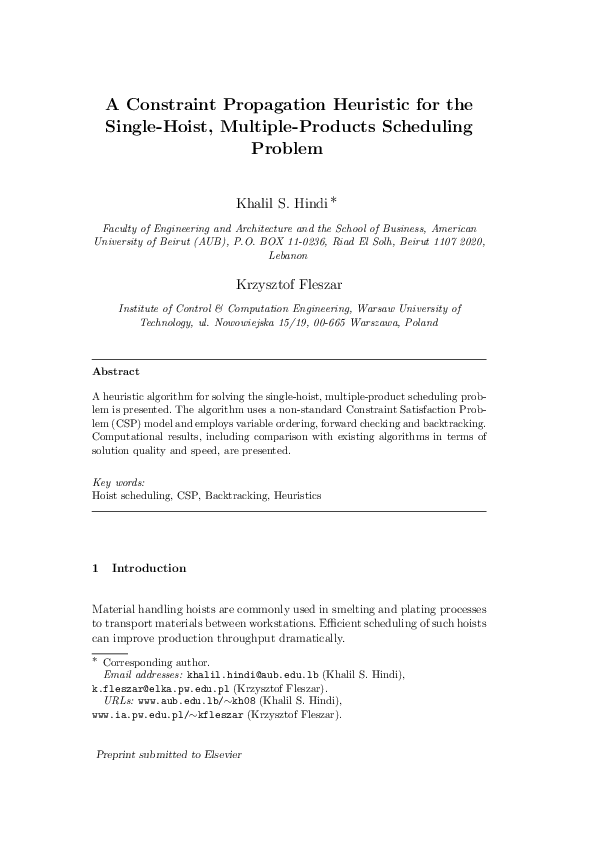 (PDF) A constraint propagation heuristic for the single-hoist, multiple ...