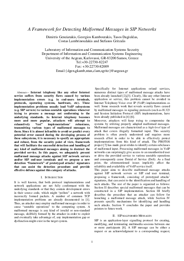 (PDF) A framework for detecting malformed messages in SIP networks