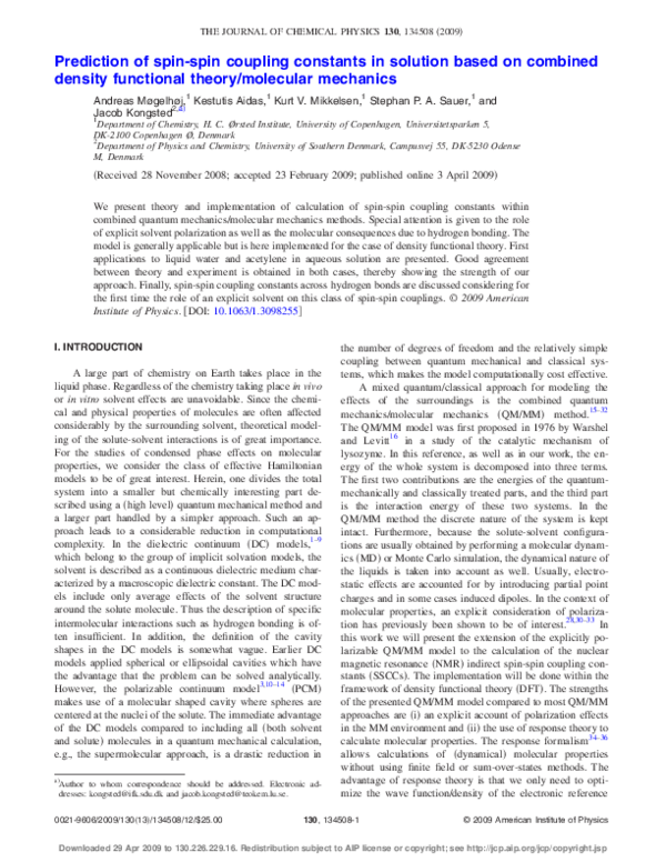 Pdf Prediction Of Spin Spin Coupling Constants In Solution Based On Combined Density