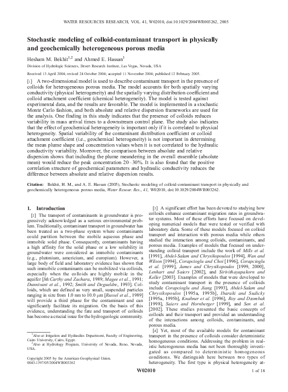 (PDF) Stochastic modeling of colloid-contaminant transport in ...