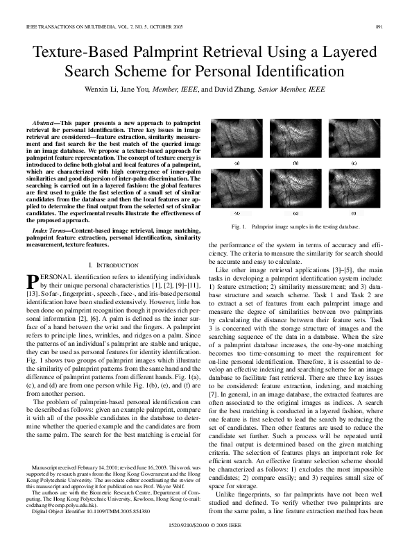 Pdf Texture Based Palmprint Retrieval Using A Layered Search Scheme