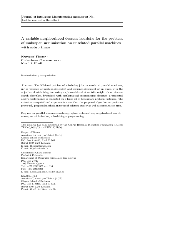(PDF) A variable neighborhood descent heuristic for the problem of makespan minimisation on ...
