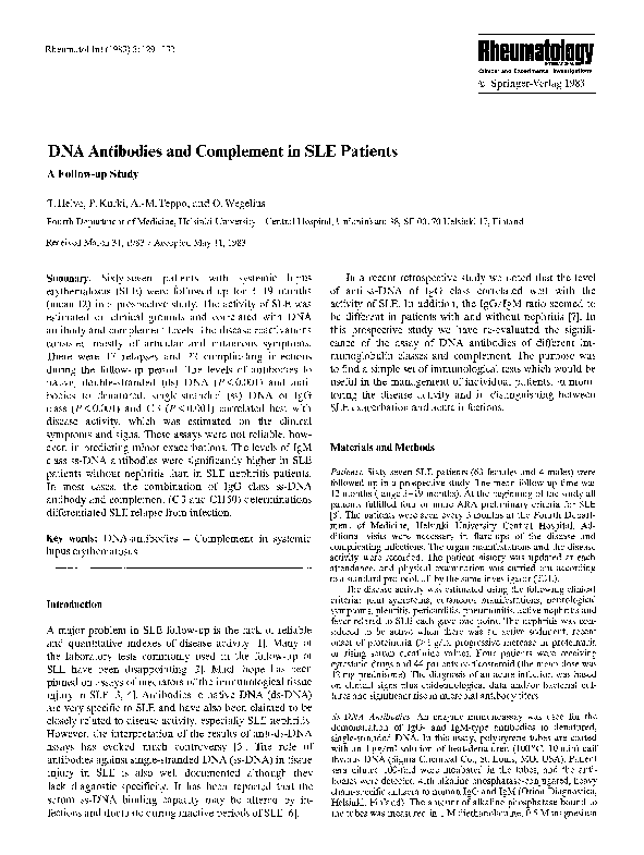 (PDF) DNA antibodies and complement in SLE patients