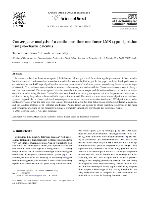 Pdf Convergence Analysis Of A Continuous Time Nonlinear Lms Type