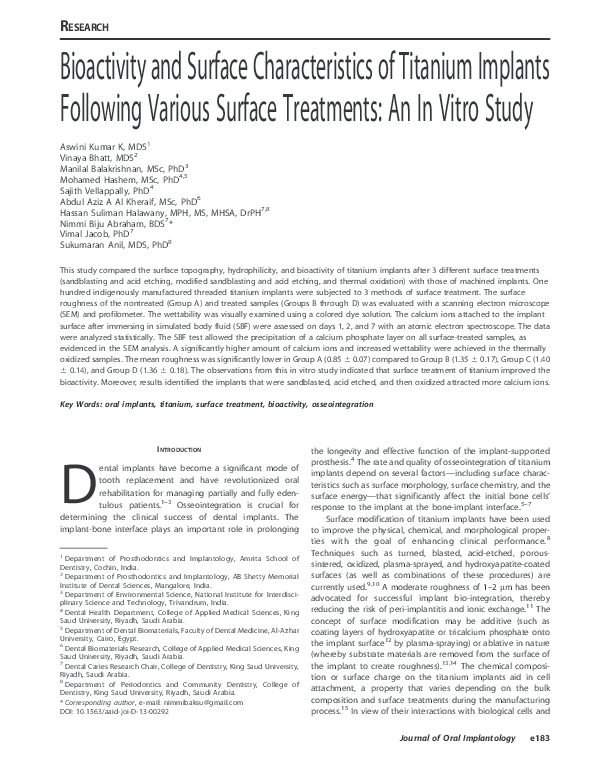 (PDF) Bioactivity and Surface Characteristics of Titanium Implants Following Various Surface ...