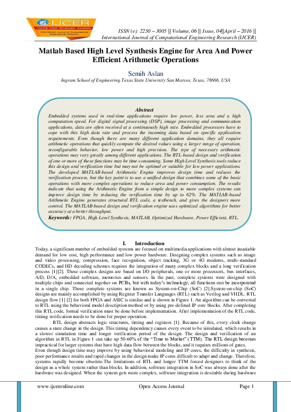 Pdf Matlab Based High Level Synthesis Engine For Area And Power Efficient Arithmetic Operations