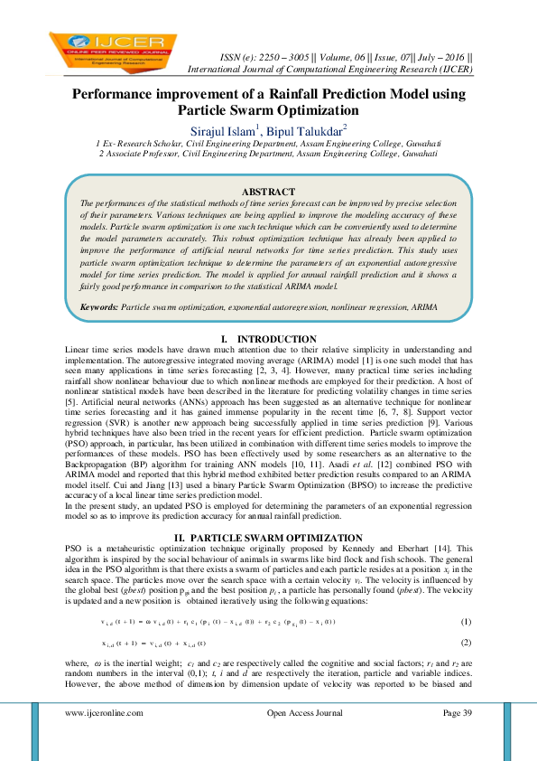 (PDF) Performance improvement of a Rainfall Prediction Model using Particle Swarm Optimization