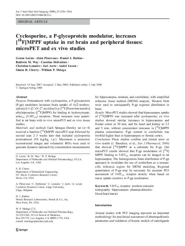 (PDF) Cyclosporine, a P-glycoprotein modulator, increases [18F]MPPF ...