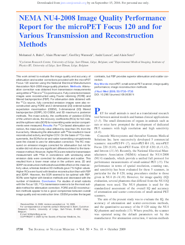 (PDF) NEMA NU4-2008 Image Quality Performance Report for the microPET ...