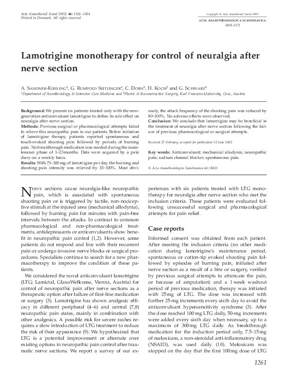 (PDF) Lamotrigine monotherapy for control of neuralgia after nerve section