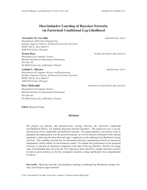 Discriminative Learning Of Bayesian Networks Via Factorized Conditional Log Likelihood