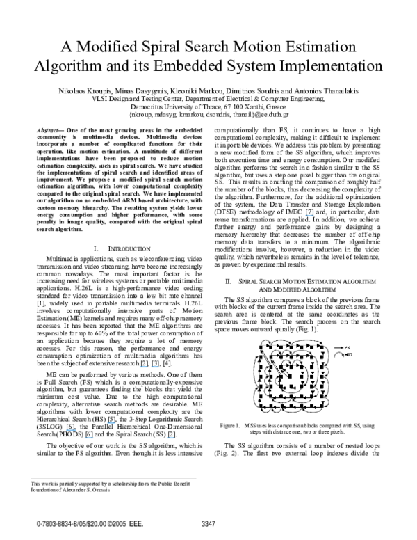 Pdf A Modified Spiral Search Motion Estimation Algorithm And Its Embedded System Implementation