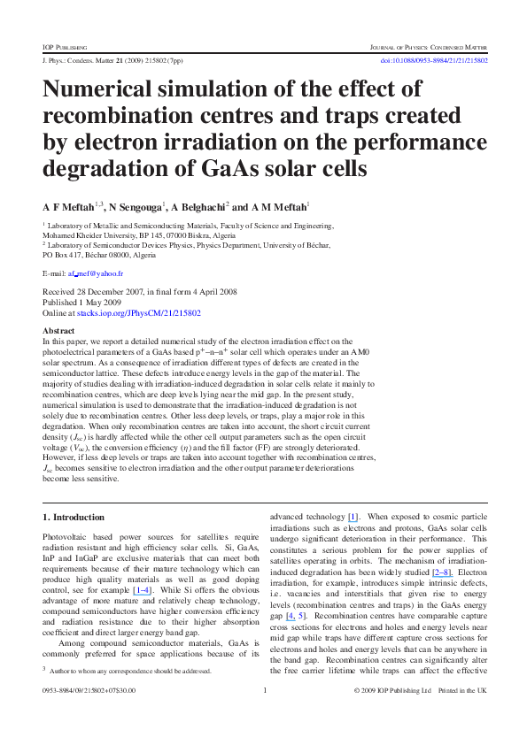 (PDF) Numerical simulation of the effect of recombination centres and traps created by electron ...