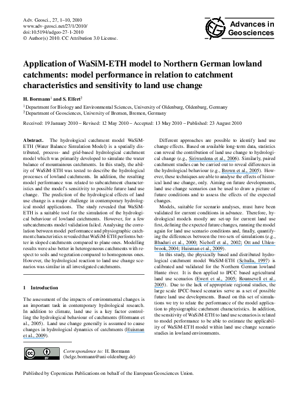 (PDF) Application of WaSiM-ETH model to Northern German lowland ...