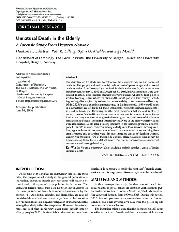 (PDF) Unnatural death in the elderly : A forensic study from western norway