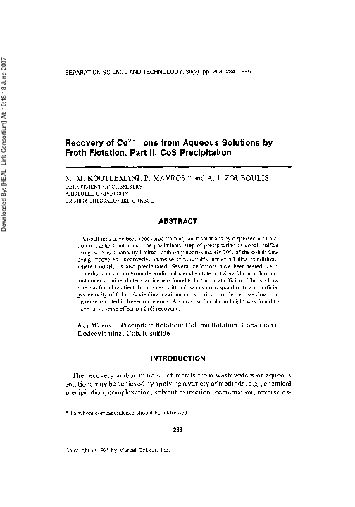 (PDF) Recovery of Co 2+ Ions from Aqueous Solutions by Froth Flotation ...