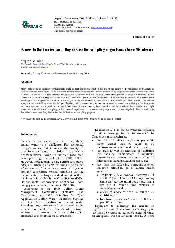 (PDF) A new ballast water sampling device for sampling organisms above ...