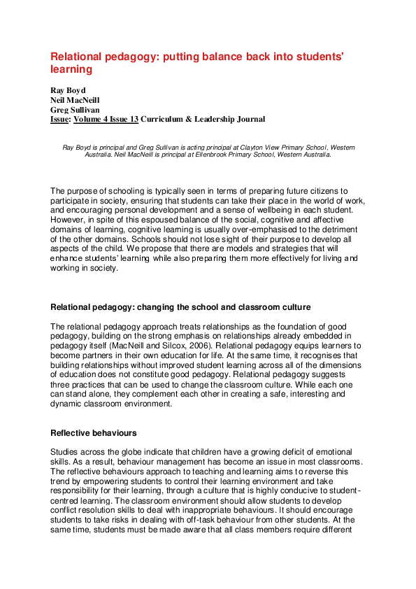 (PDF) Relational pedagogy: putting balance back into students' learning