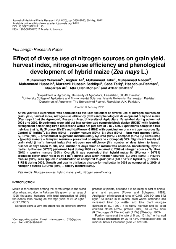 (PDF) Effect of diverse use of nitrogen sources on grain yield, harvest index, nitrogen-use ...