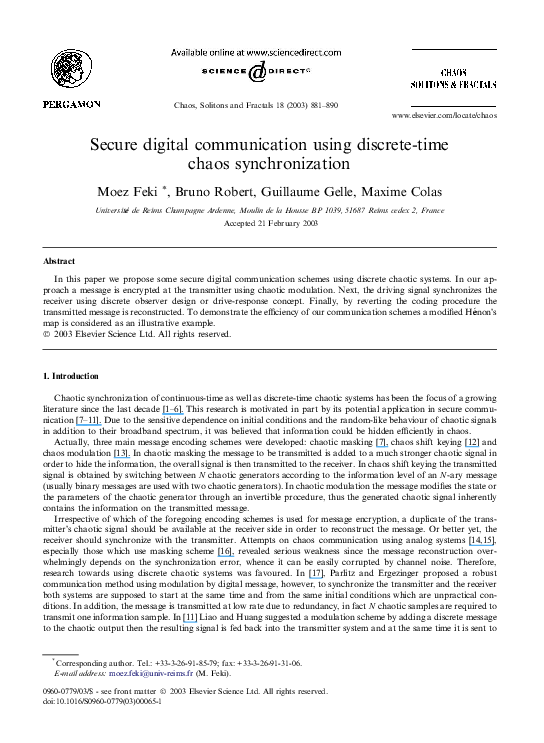 (PDF) Secure digital communication using discrete-time chaos synchronization
