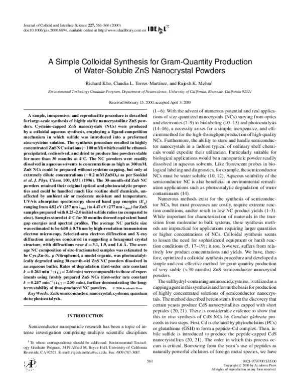 (PDF) A Simple Colloidal Synthesis for Gram-Quantity Production of ...