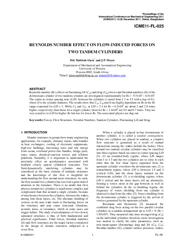 (PDF) Reynolds number effect on flow-indused forces on two tandem cylinders. | Josua P Meyer ...
