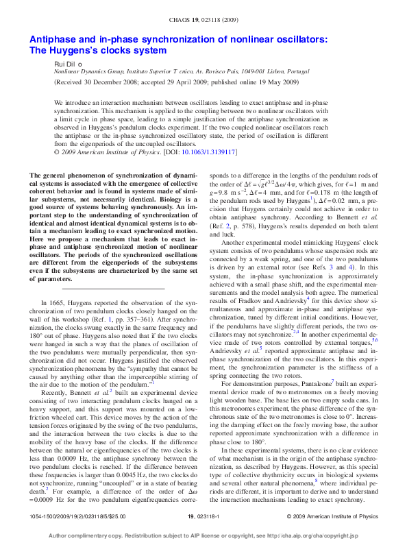 (PDF) Antiphase and in-phase synchronization of nonlinear oscillators ...