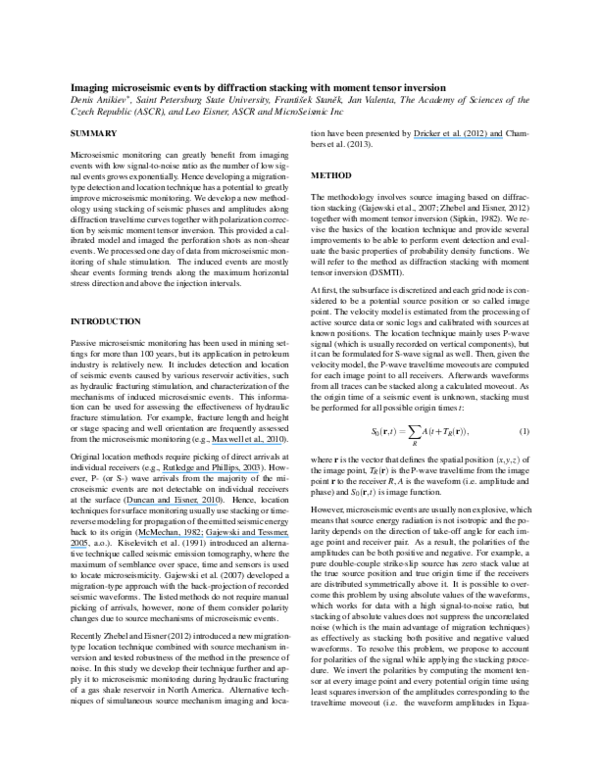 (PDF) Imaging microseismic events by diffraction stacking with moment tensor inversion