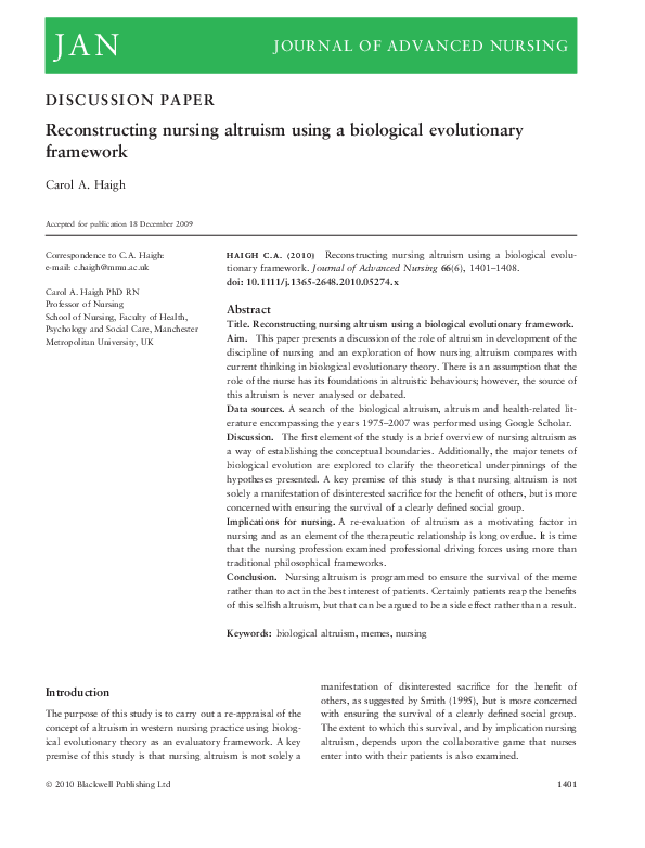 (PDF) Reconstructing nursing altruism using a biological evolutionary framework