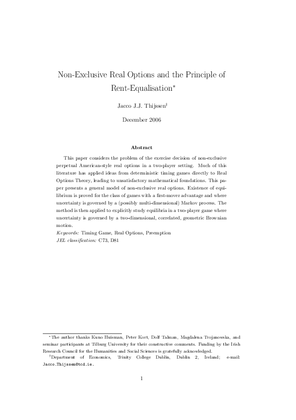 (PDF) Non-Exclusive Real Options and the Principle of Rent-Equalisation