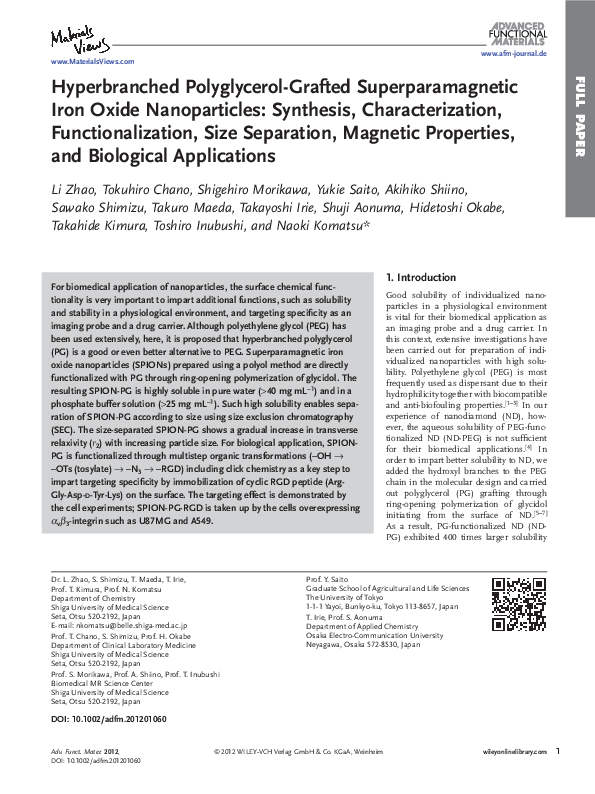 (PDF) Hyperbranched Polyglycerol-Grafted Superparamagnetic Iron Oxide Nanoparticles: Synthesis ...