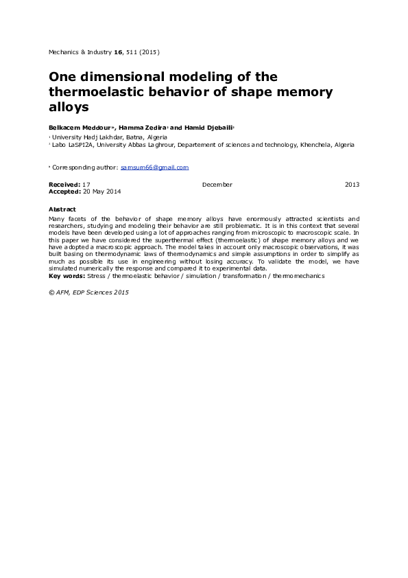 Doc One Dimensional Modeling Of The Thermoelastic Behavior Of Shape