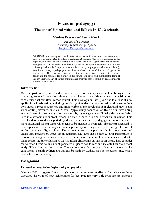 (PDF) Focus on pedagogy: The use of digital video and iMovie in K-12 ...