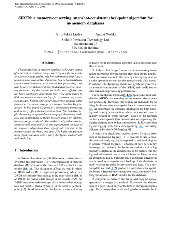 Pdf Siren A Memory Conserving Snapshot Consistent Checkpoint Algorithm For In Memory