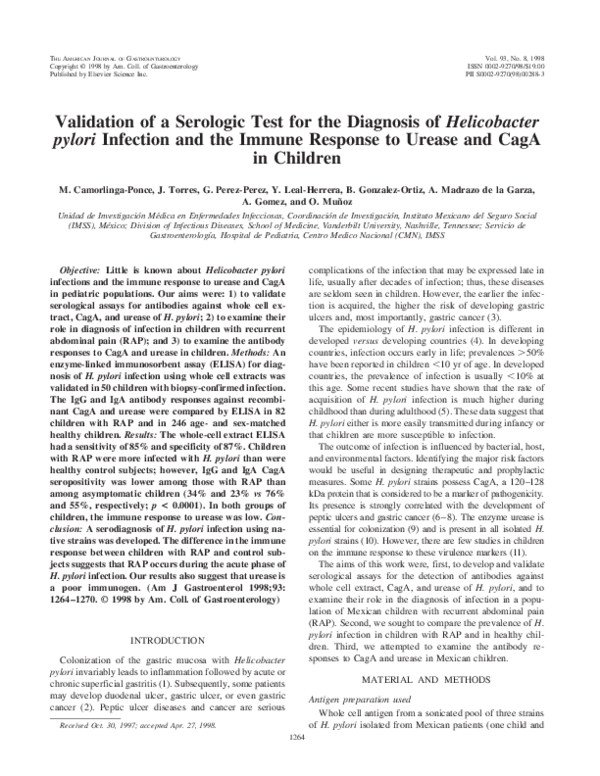(PDF) Validation of a Serologic Test for the Diagnosis of Helicobacter ...